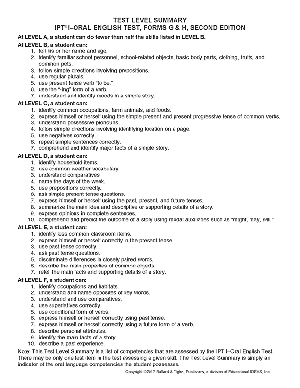IPT Oral Tests: Interpretation and Use of Scores